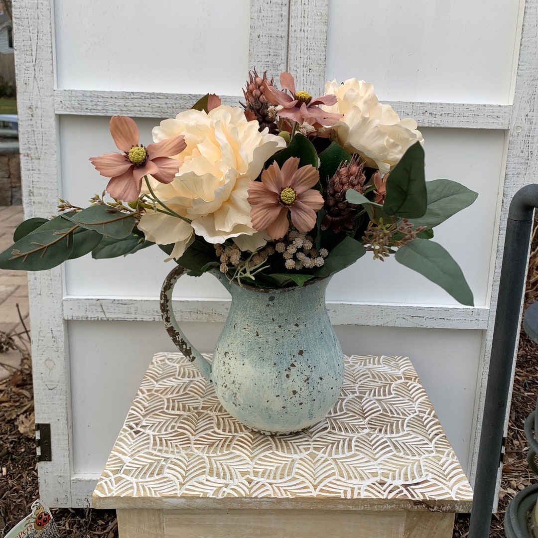 Blue Rustic Pitcher Centerpiece: Silk Peonies, Cosmos, Eucalyptus - Etsy