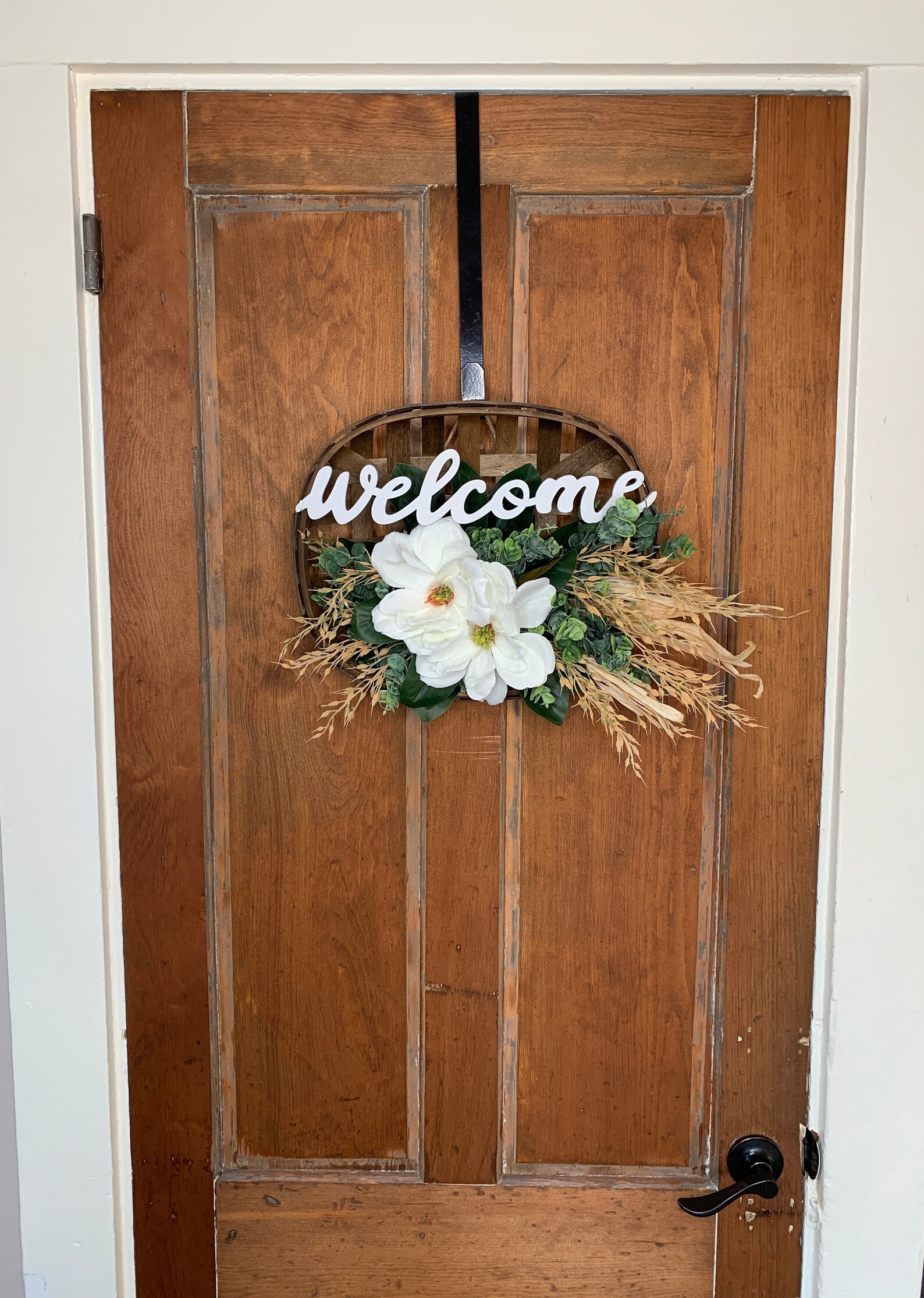 Farmhouse Magnolia Welcome Sign: Handmade Tobacco Basket Door Hanger - Etsy