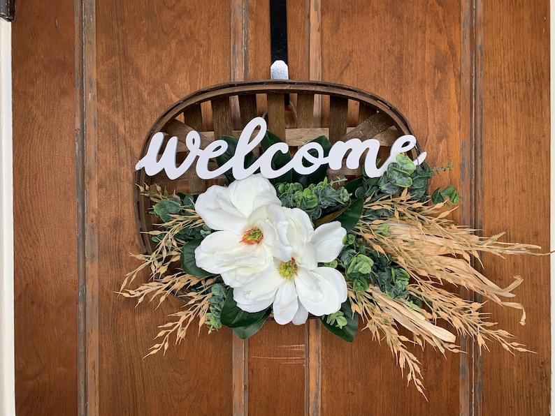 Farmhouse Magnolia Welcome Sign: Handmade Tobacco Basket Door Hanger - Etsy