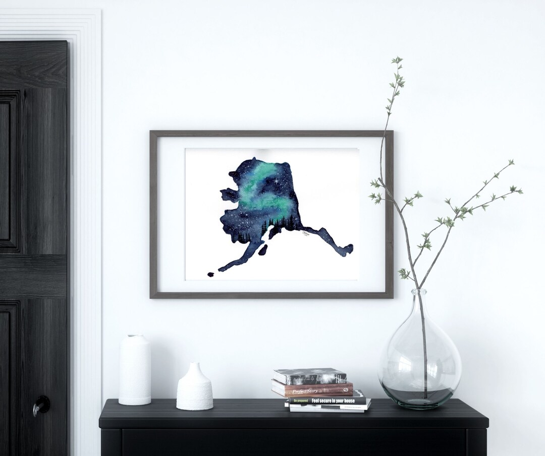 Alaska Northern Lights Watercolor Print | AK State Outline Galaxy and ...