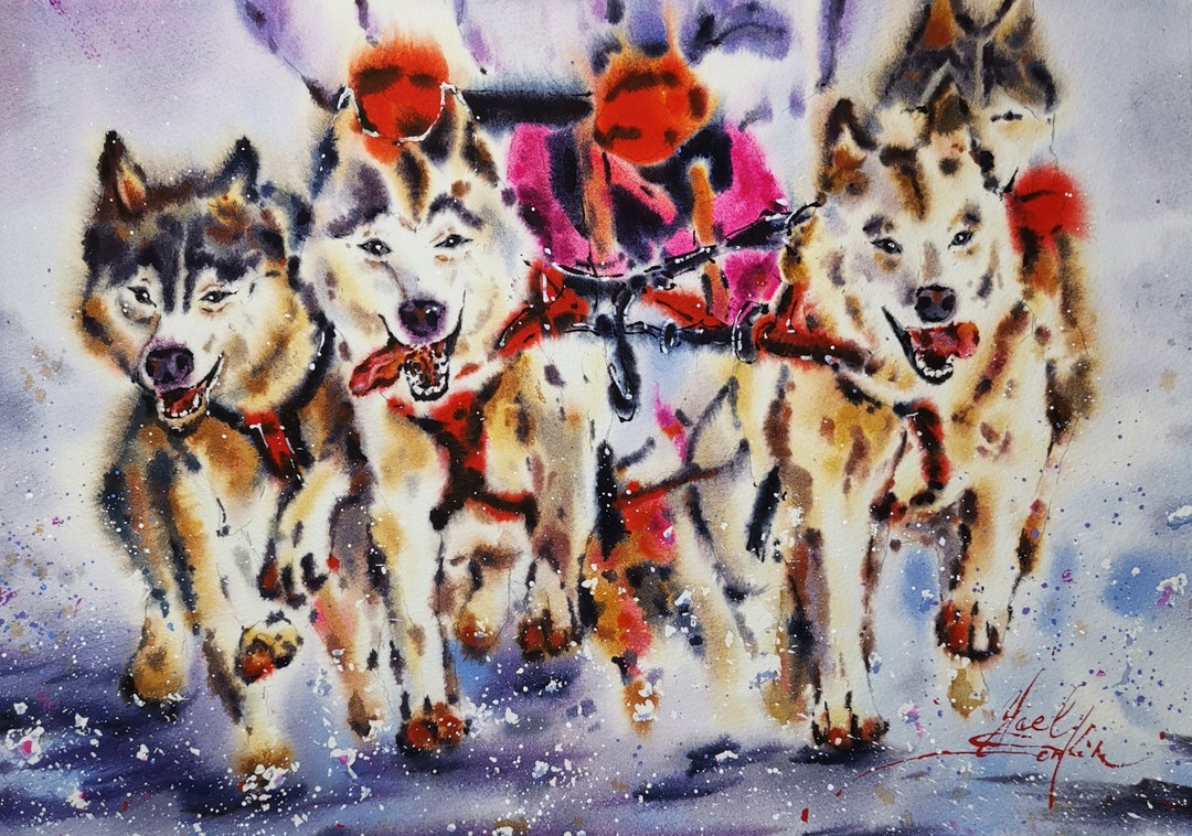 Husky Dog Painting Original Watercolor Artwork Dog Sledding Painting ...