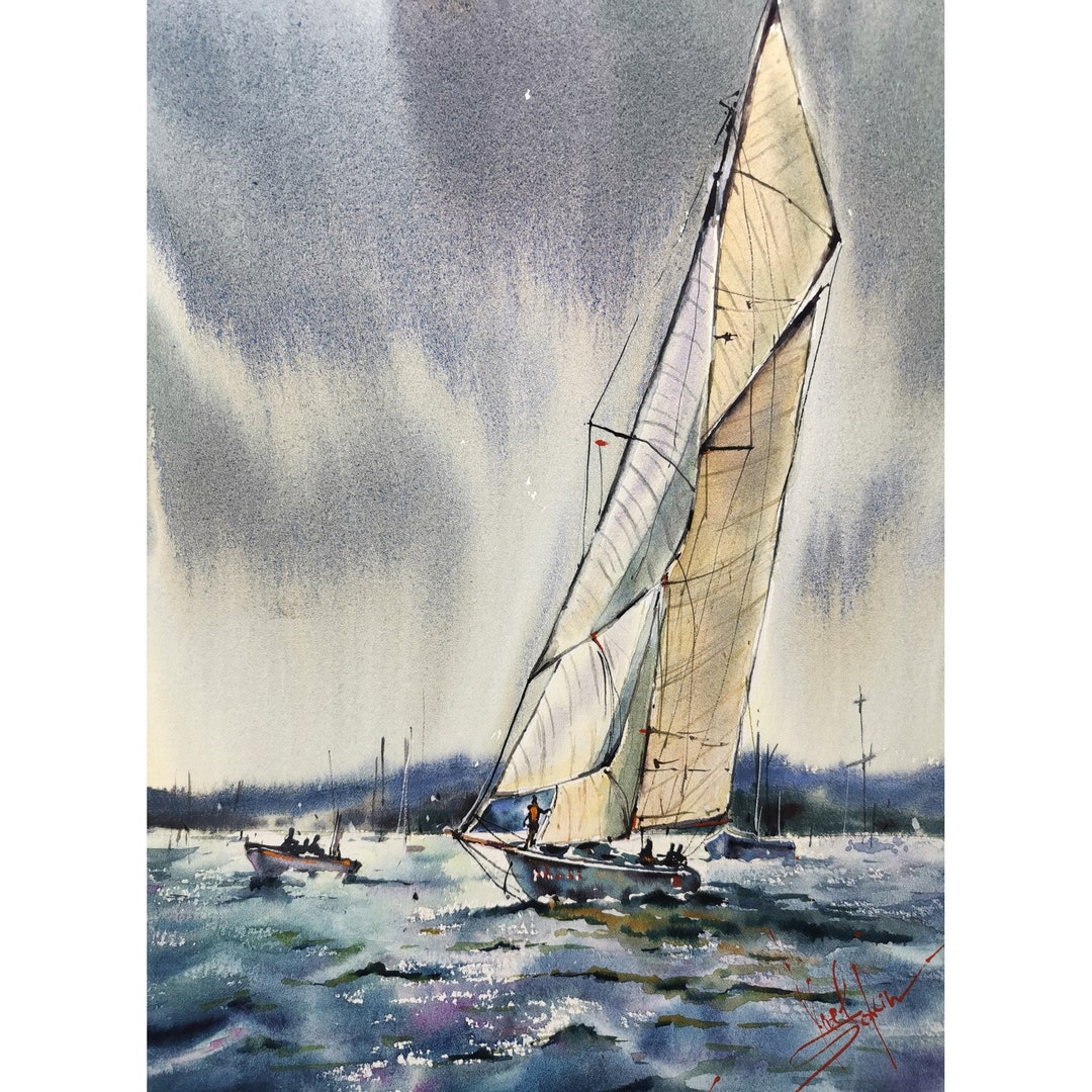 Sailing Yacht Painting Seascape Artwork Original Watercolor Sailboat ...