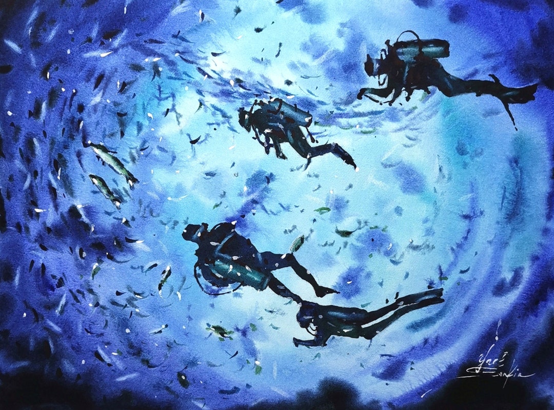 Diver Painting Original Watercolor Painting Diving Painting Undersea ...