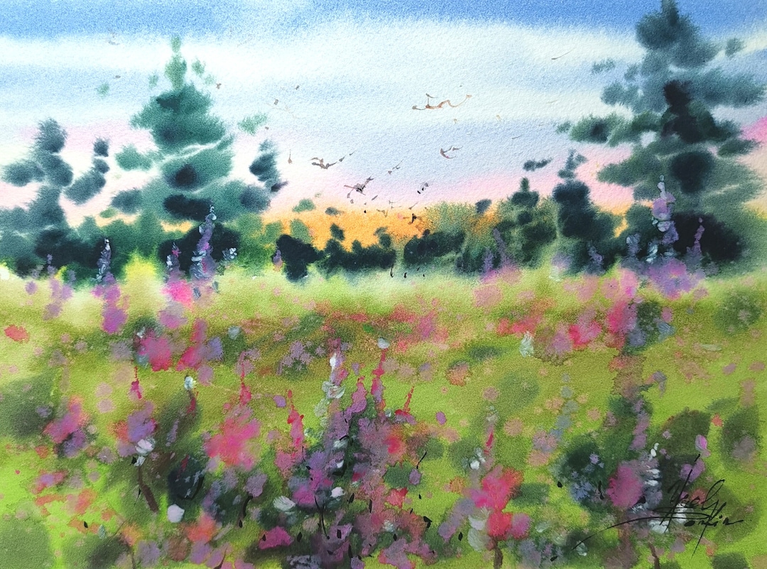 New England Landscape Painting Original Watercolor Painting Floral ...