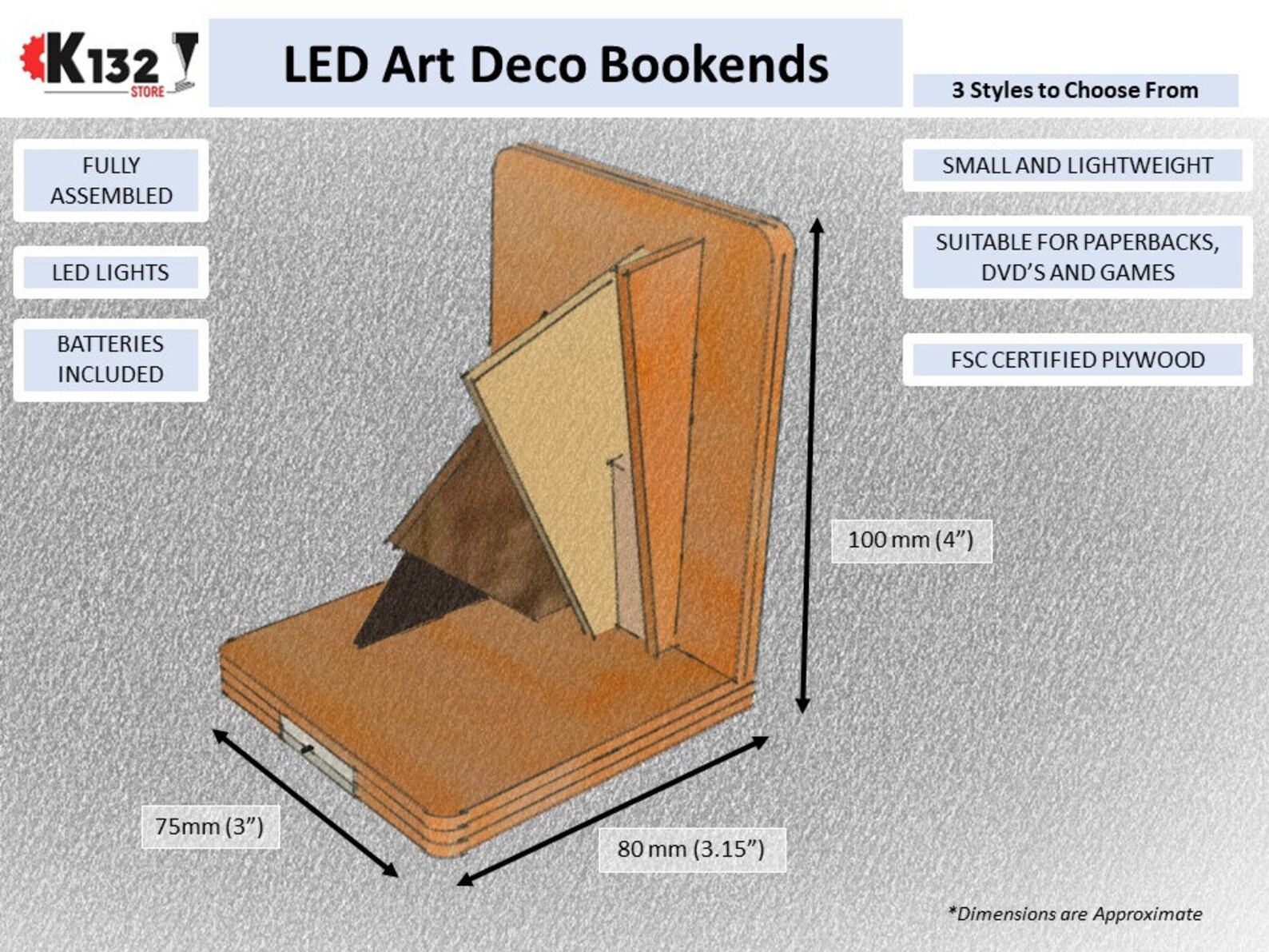 LED Art Deco Bookends - Style 2 - Wooden Contemporary, Aesthetic and ...