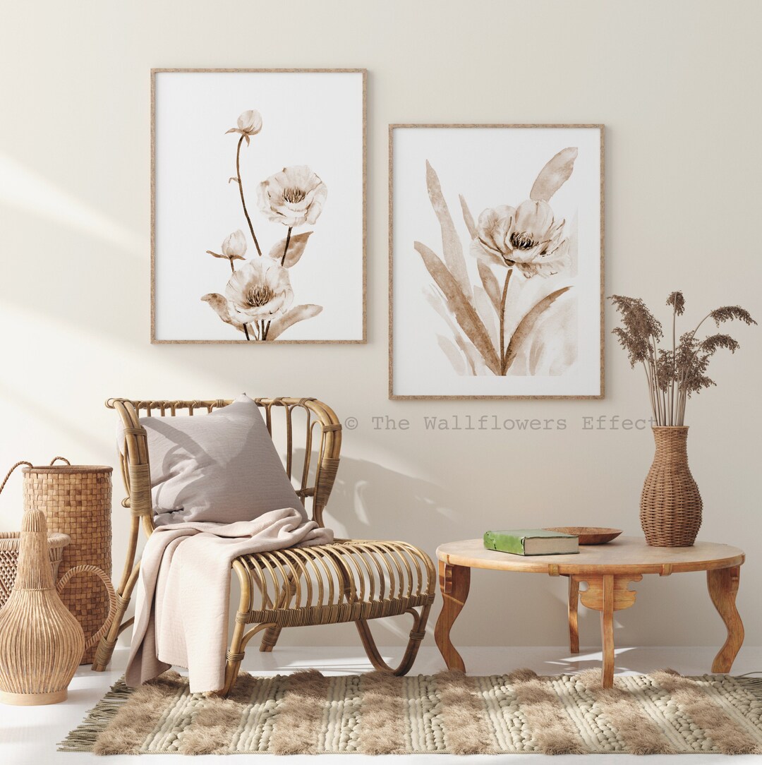Sepia Peony Prints Set, Minimalist Floral Wall Art - Etsy