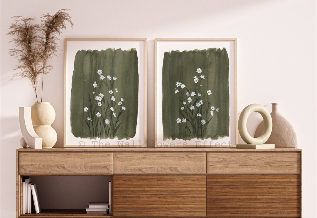 Daisy Wall Art, Set of 2 Earthy Green Wall Art, Muted Dark Floral Wall ...
