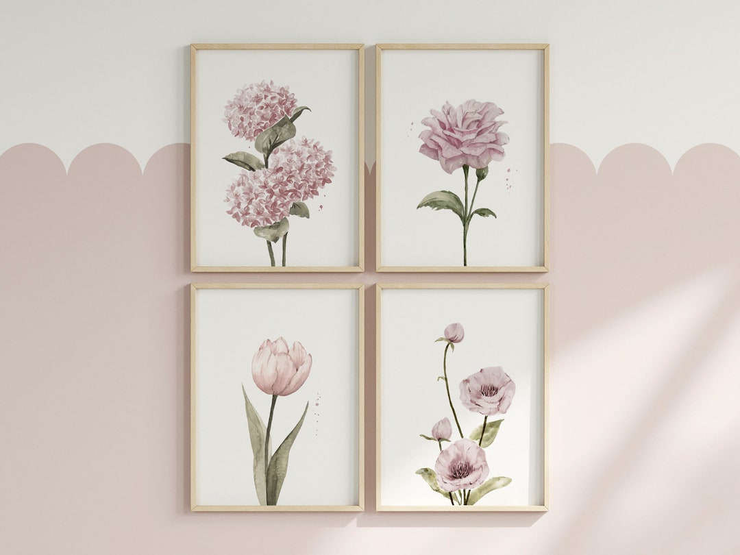 Pink Flowers Wall Art, Set of 4 Pink Prints, Botanical Wall Art, Pink ...