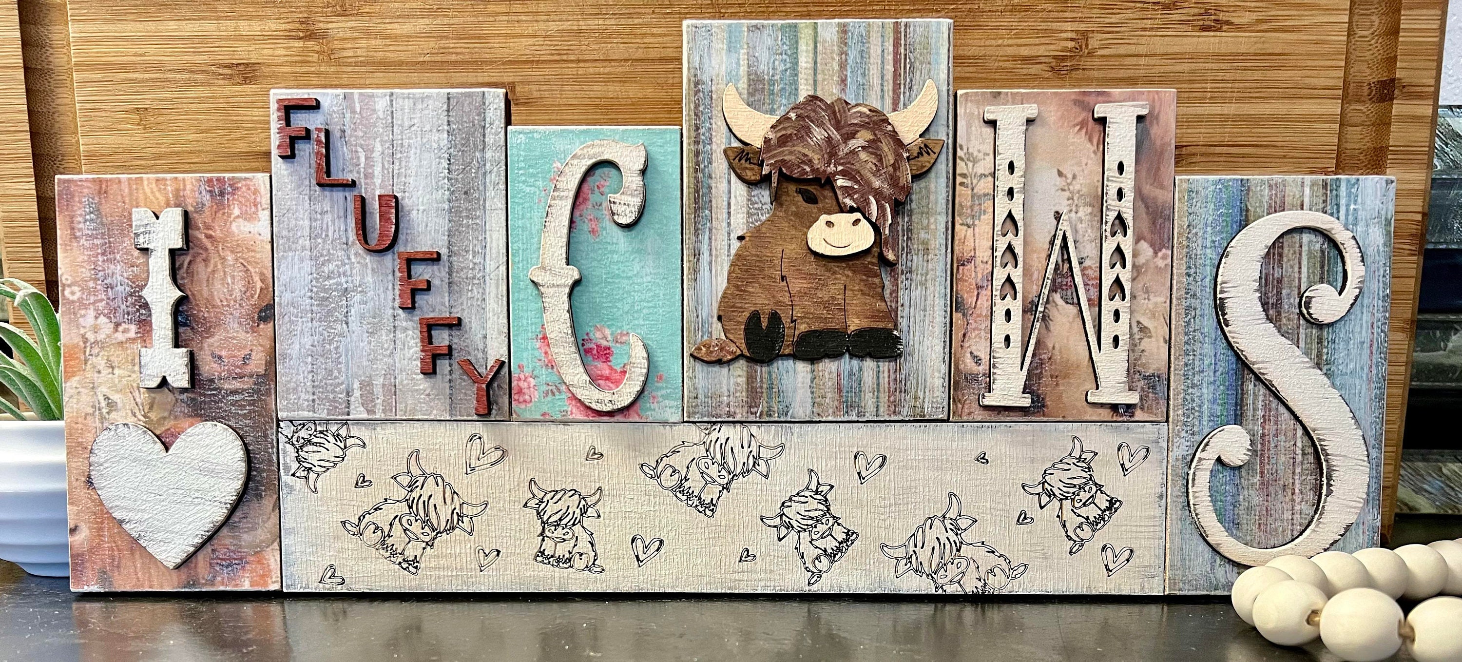 Cute i Love Fluffy Cows Sign, Shelf Sitter Decor, Country Highland Cow ...