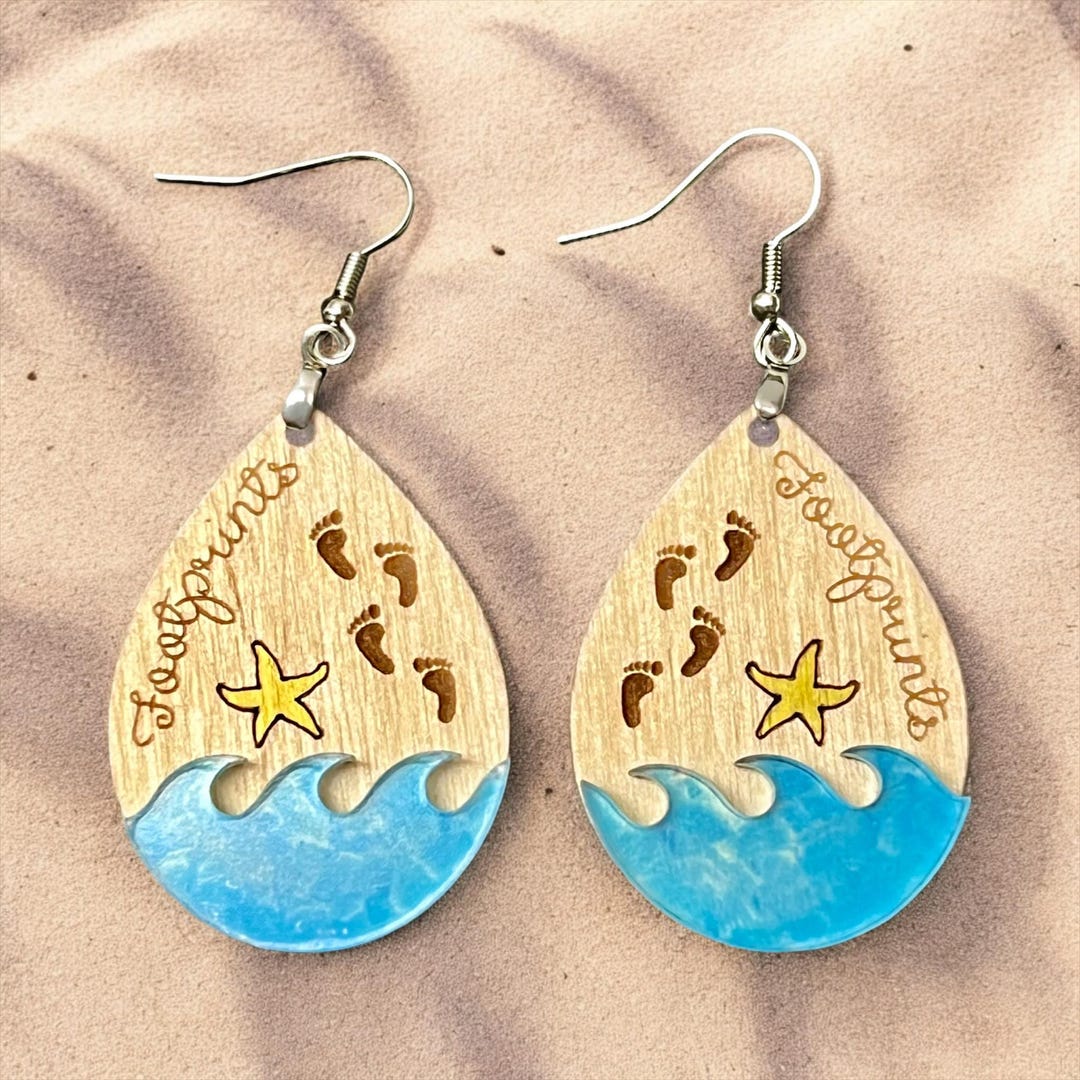 Footprints in the Sand Dangling Earrings, Handcrafted, Wood and Acrylic ...