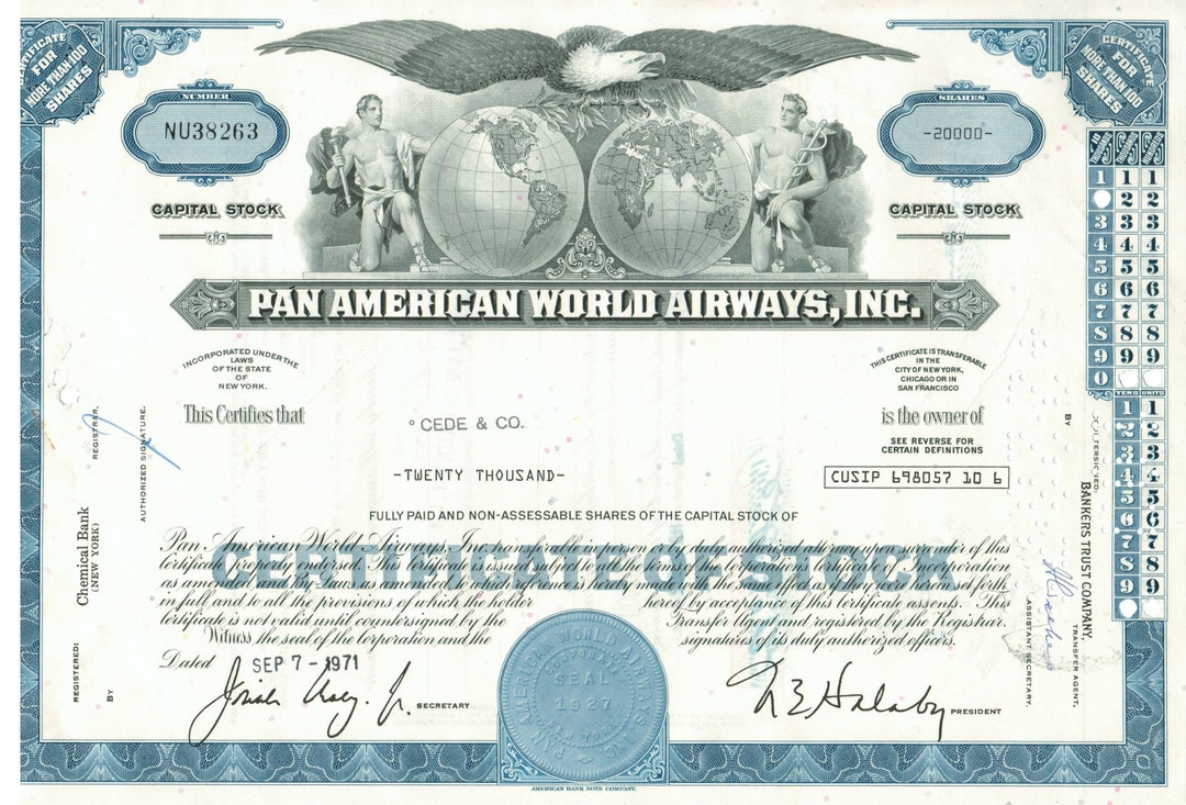 Pan Am Pan American World Airways Stock Certificate (blue) - Etsy