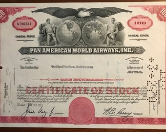 Pan Am Pan American World Airways Stock Certificate (blue) - Etsy