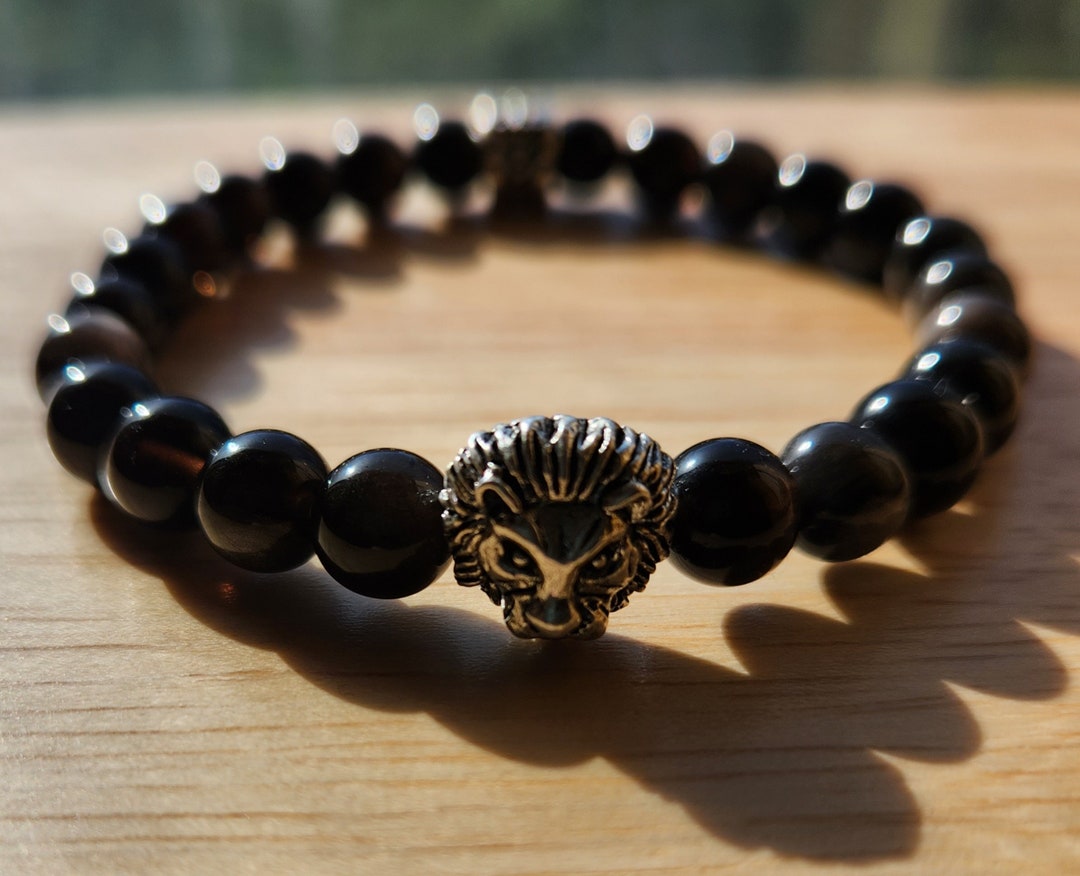 Silver Sheen Obsidain Bracelet With Lion Head - Etsy