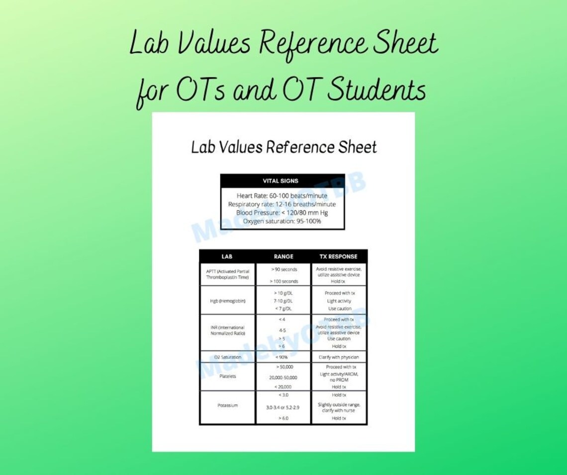Lab Values Quick Reference Sheet for Occupational Therapists - Etsy