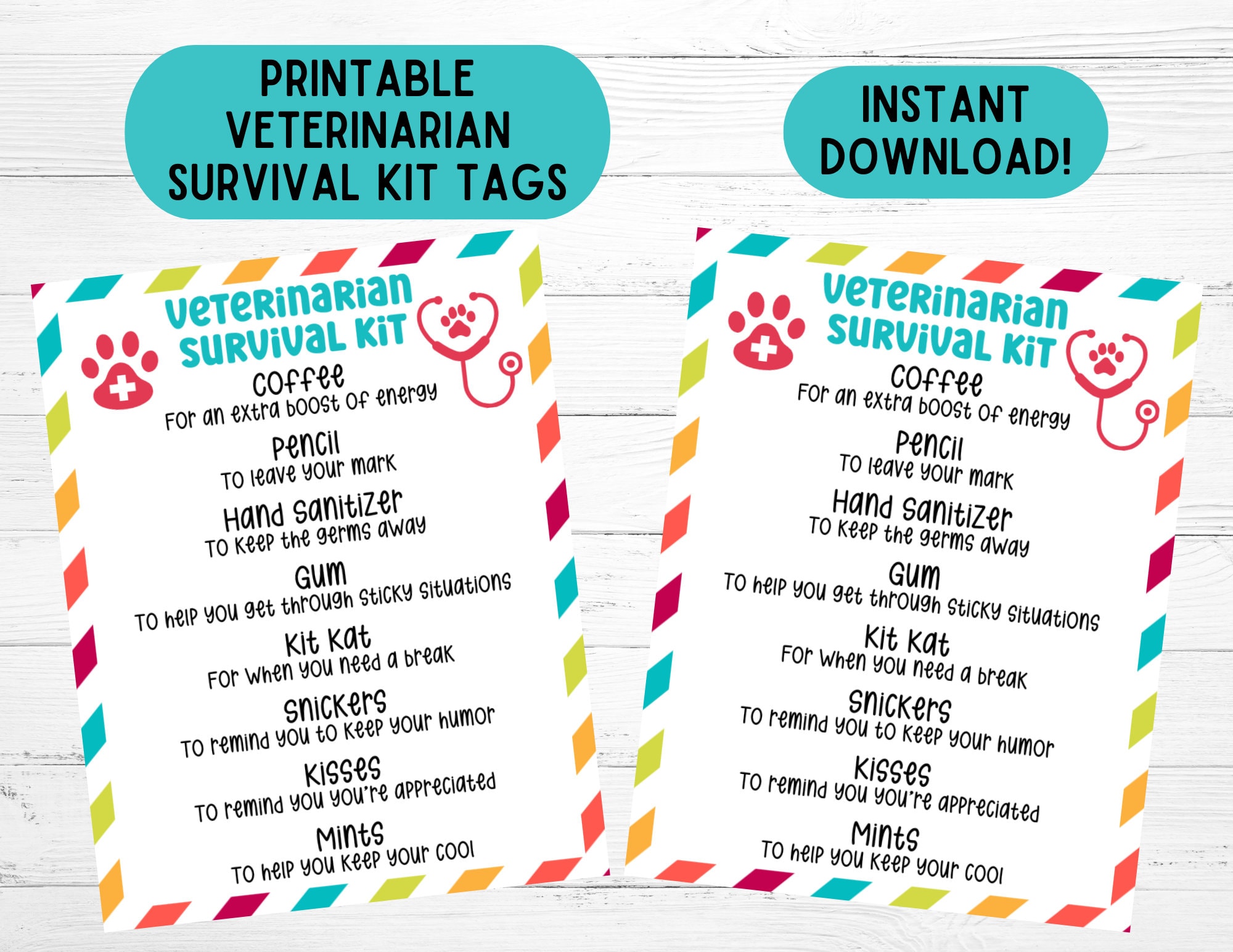 Veterinarian Survival Kit Gift Tag Veterinary Day Printable Veterinary ...