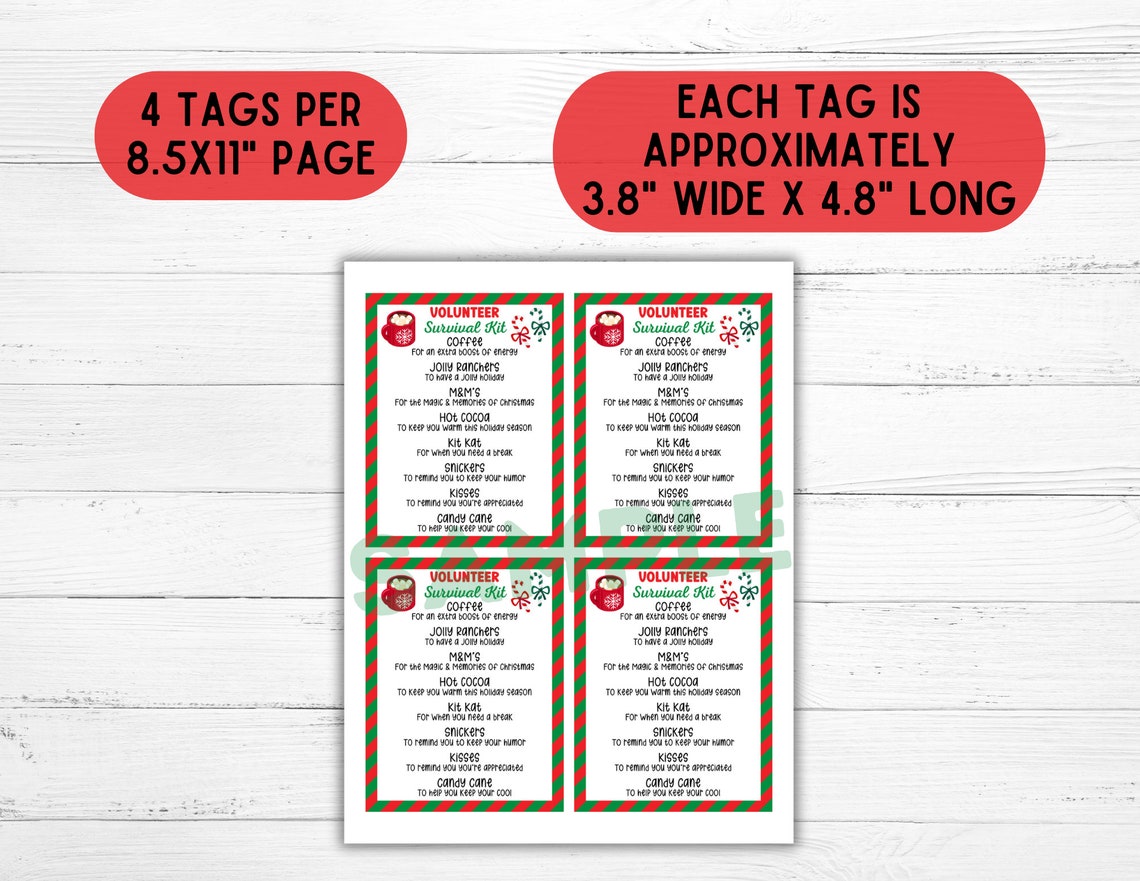 Volunteer Survival Kit Gift Tag Volunteers Christmas Gift Printable ...