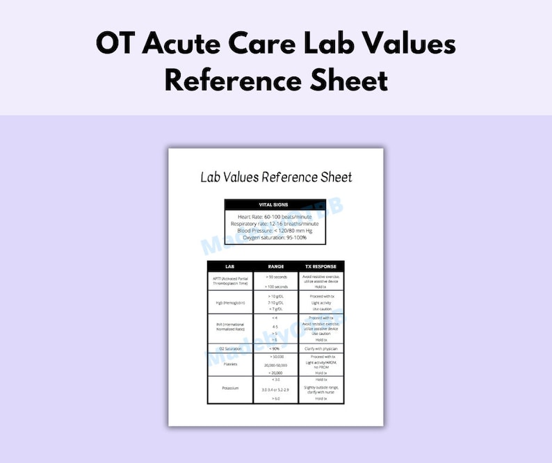 Lab Values Quick Reference Sheet for Acute Care Occupational Therapist ...