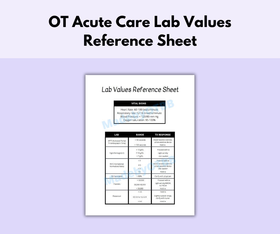 Lab Values Quick Reference Sheet for Acute Care Occupational - Etsy