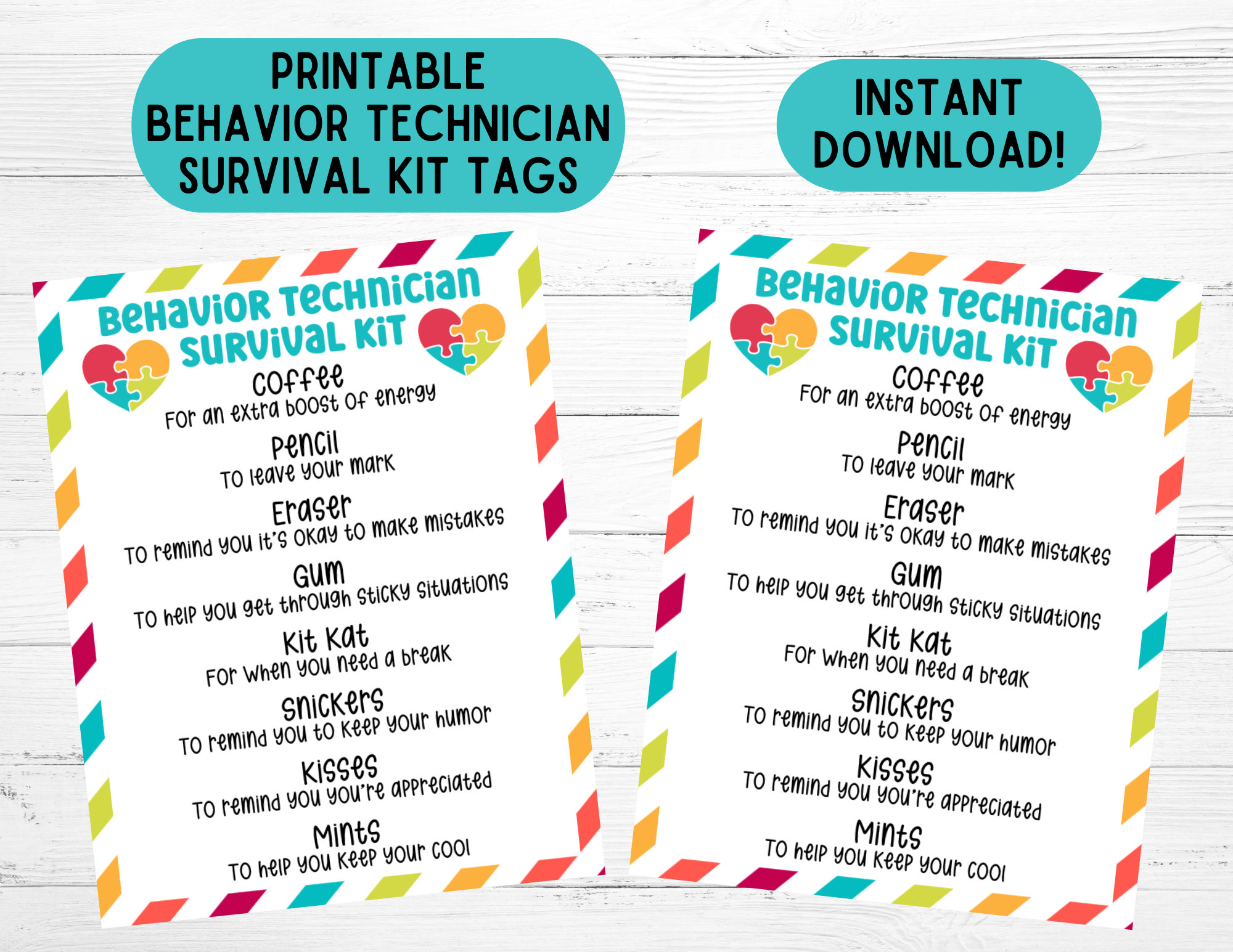 RBT Survival Kit Gift Tag Behavior Analysis Day Printable Behavior Tech ...