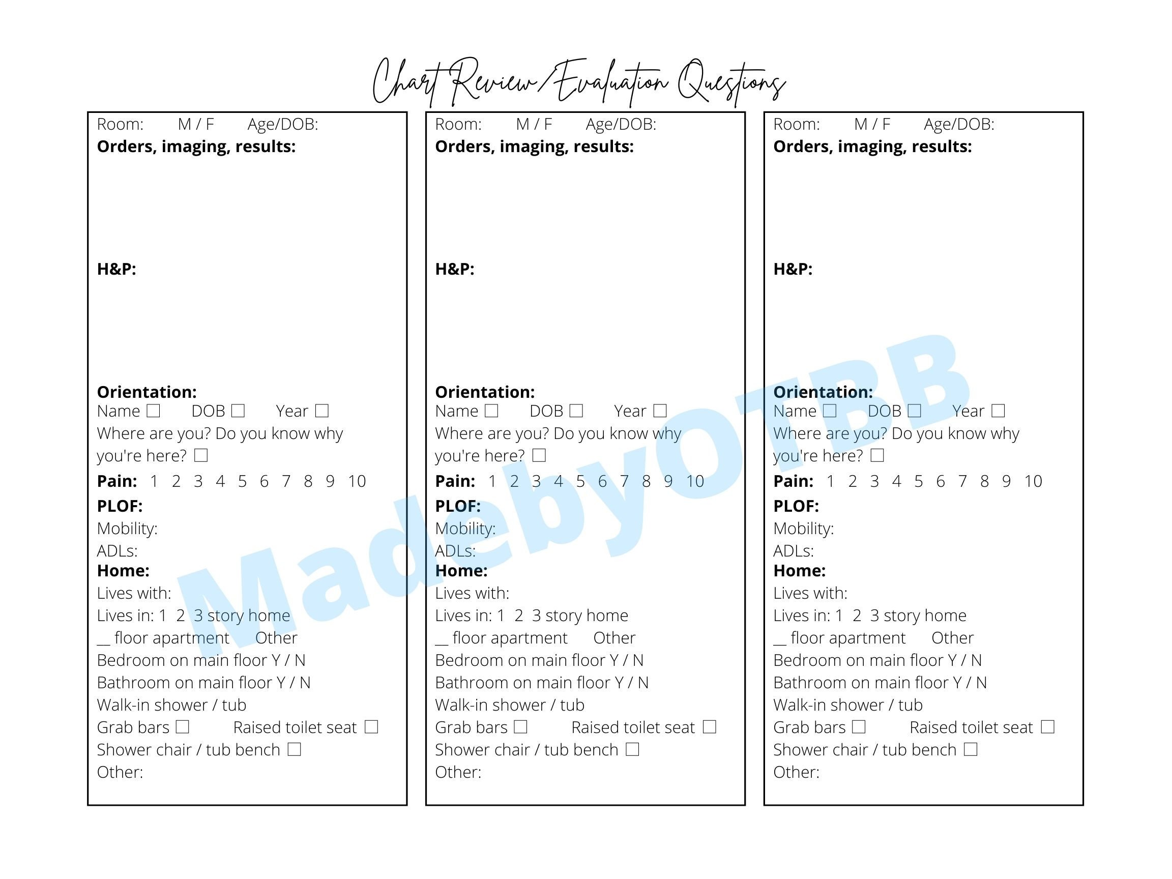 Chart Review and Evaluation Template for Occupational | Etsy