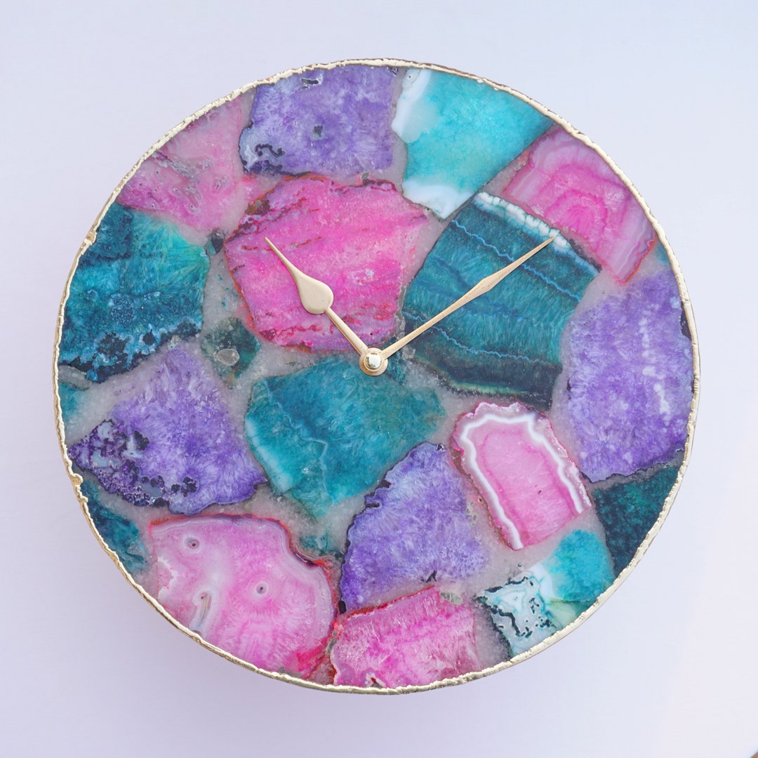 Handcrafted Agate Round Wall Clock With Gold-plated Edge - Etsy