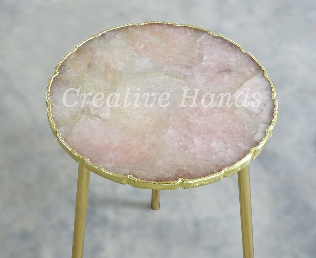 Handcrafted Rose Quartz Side Table: Gold Plated Edge, Uneven Edges - Etsy