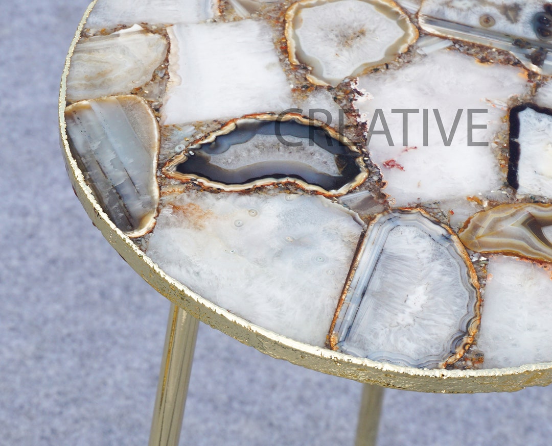 Natural Agate Side Table: Gold Plated Edge, Round Occasional Table - Etsy