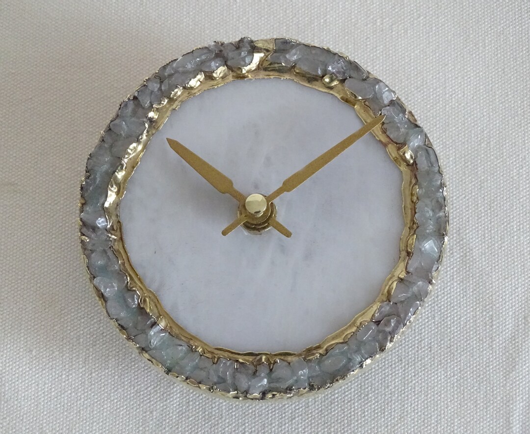White Agate Clock With Clear Crystal Gemstones, Modern Desk/wall Clock ...