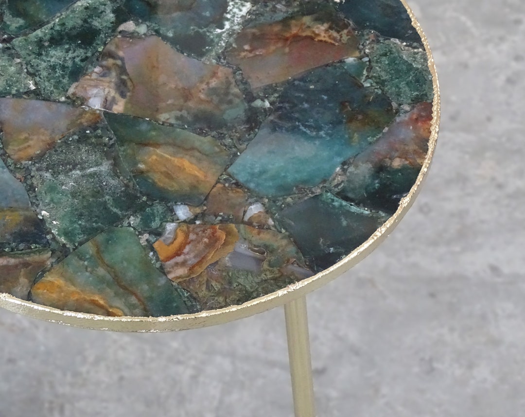 Green Agate Table, Occasional Round Table, Composite Agate Side Table ...