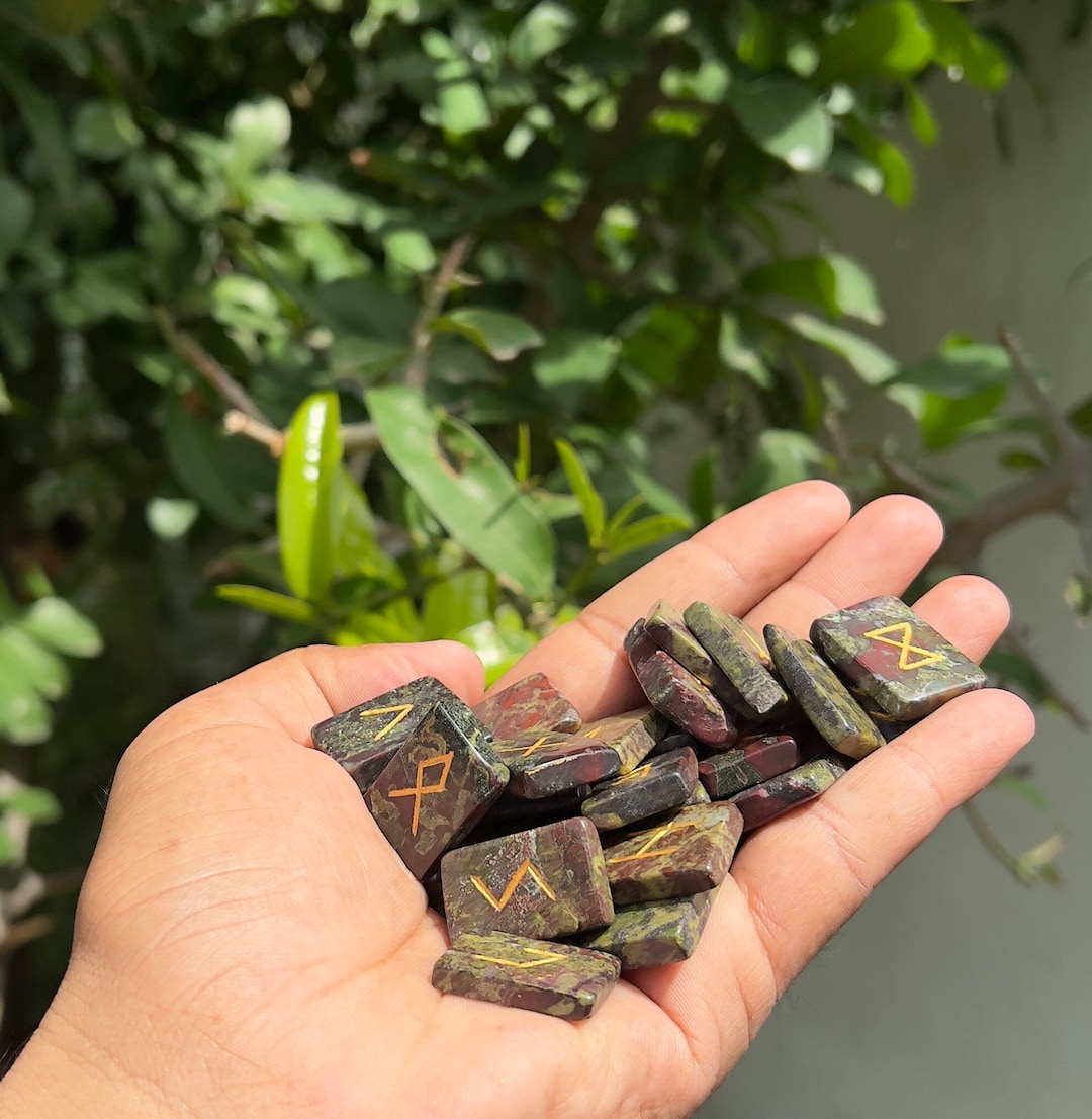 Green Bloodstone Crystal Rune Set Flat Engraved Elder Runes Set for ...