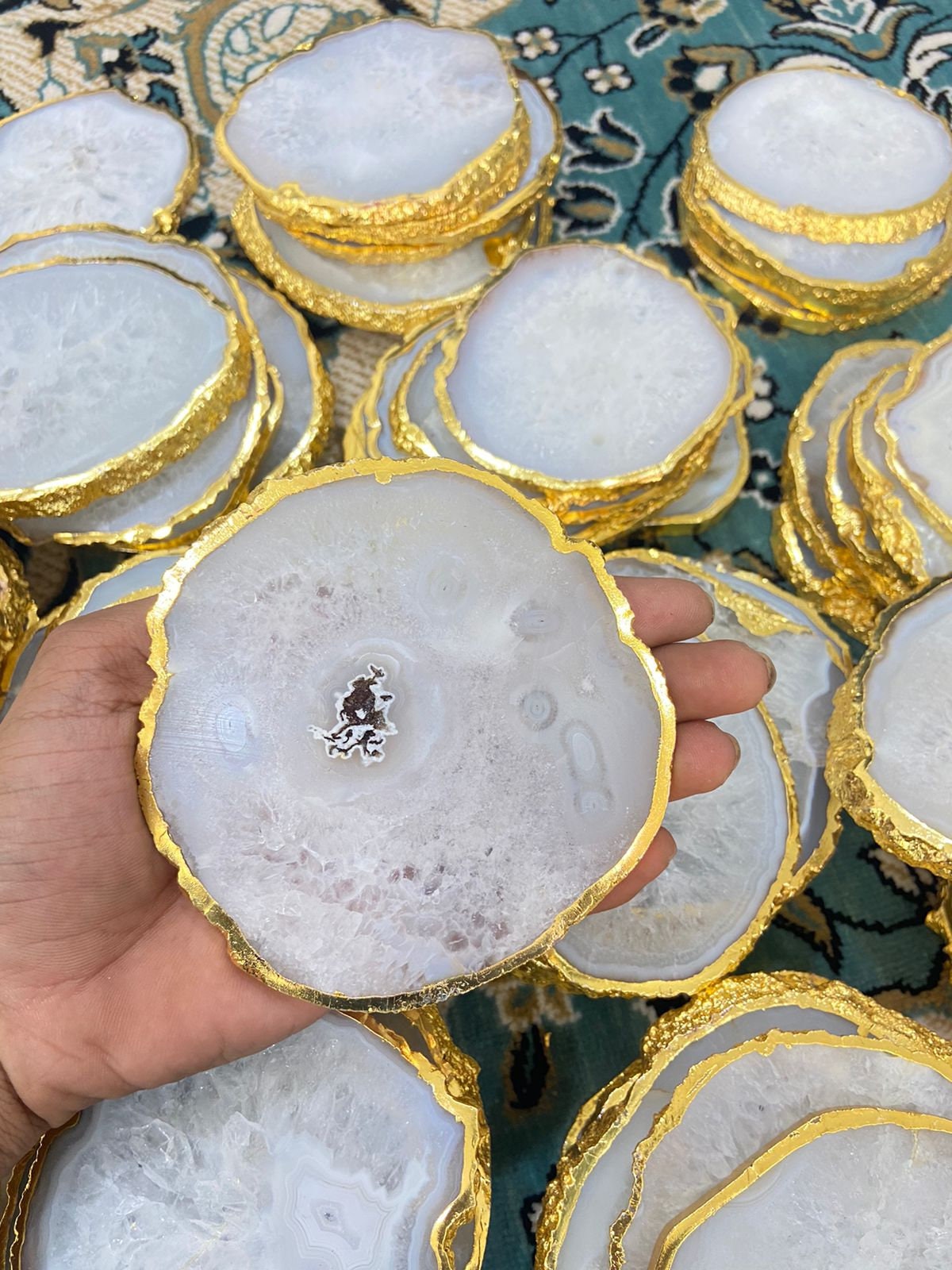 White Agate Coaster With Gold Edge: Boho Chic Coffee Table Decor - Etsy