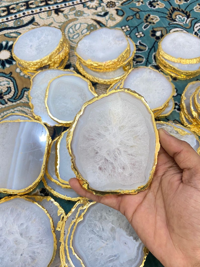 White Agate Coaster With Gold Edge: Boho Chic Coffee Table Decor - Etsy