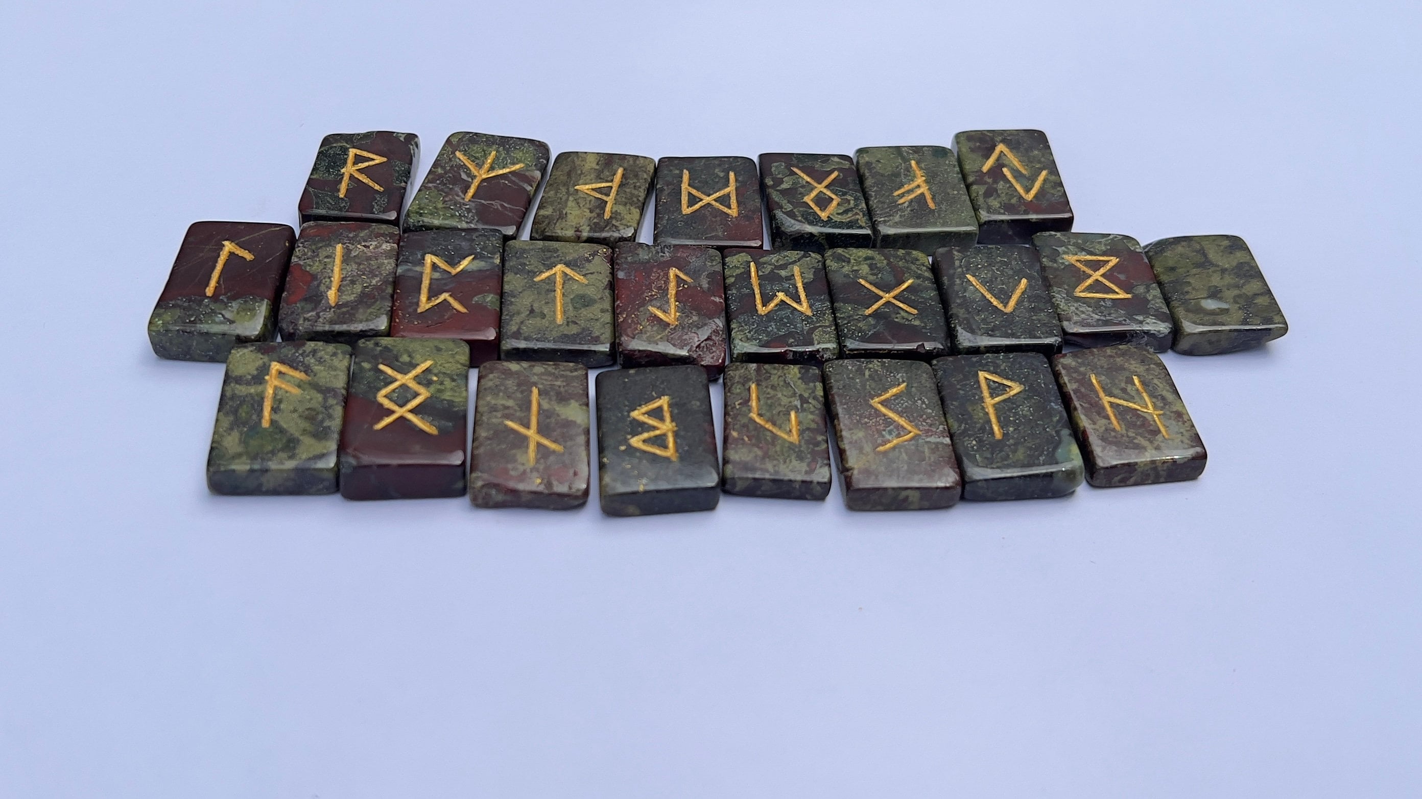 Natural Dark Green Bloodstone Crystal Rune Set Flat Engraved Elder ...