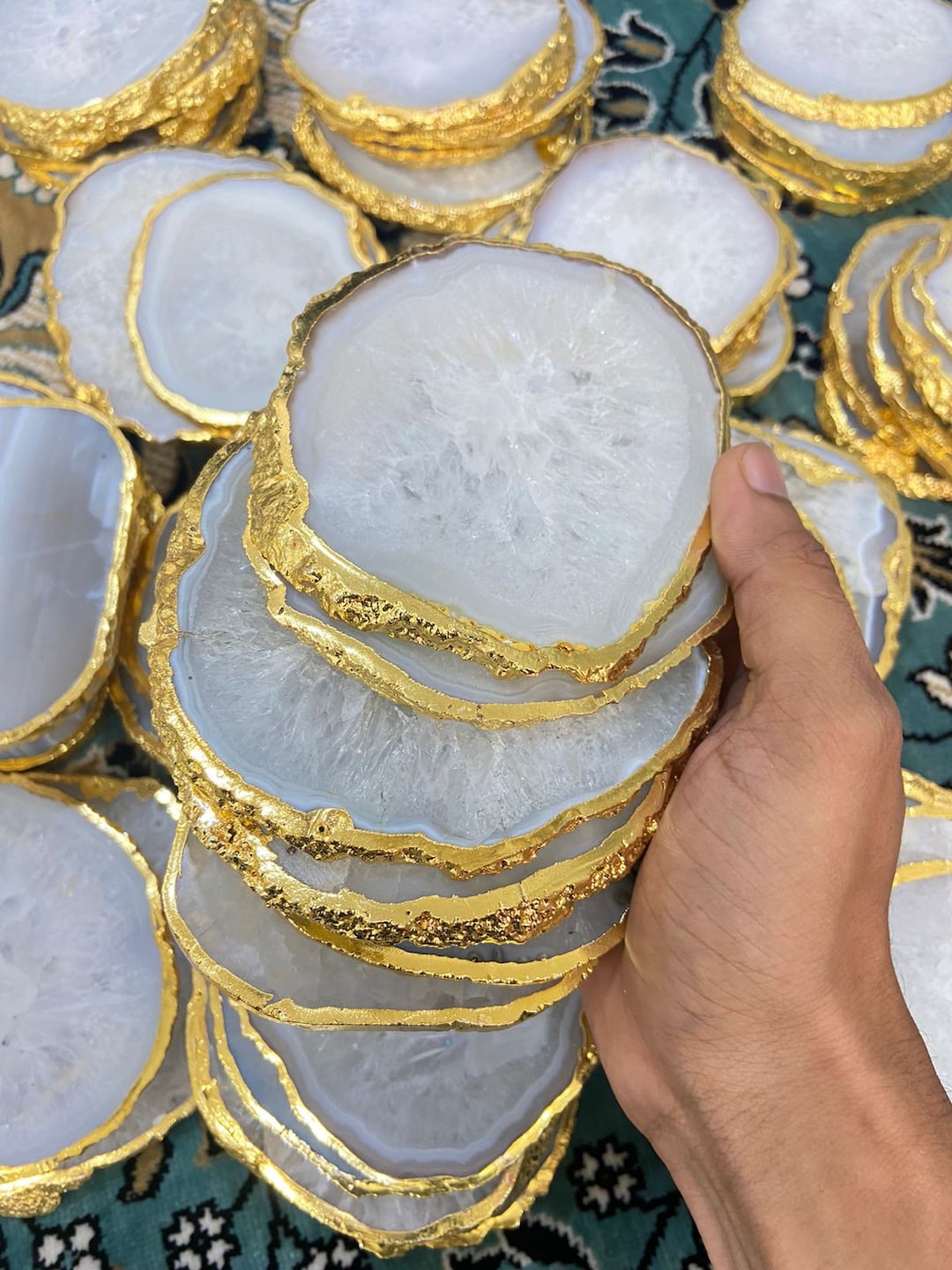 White Agate Coaster With Gold Edge: Boho Chic Coffee Table Decor - Etsy