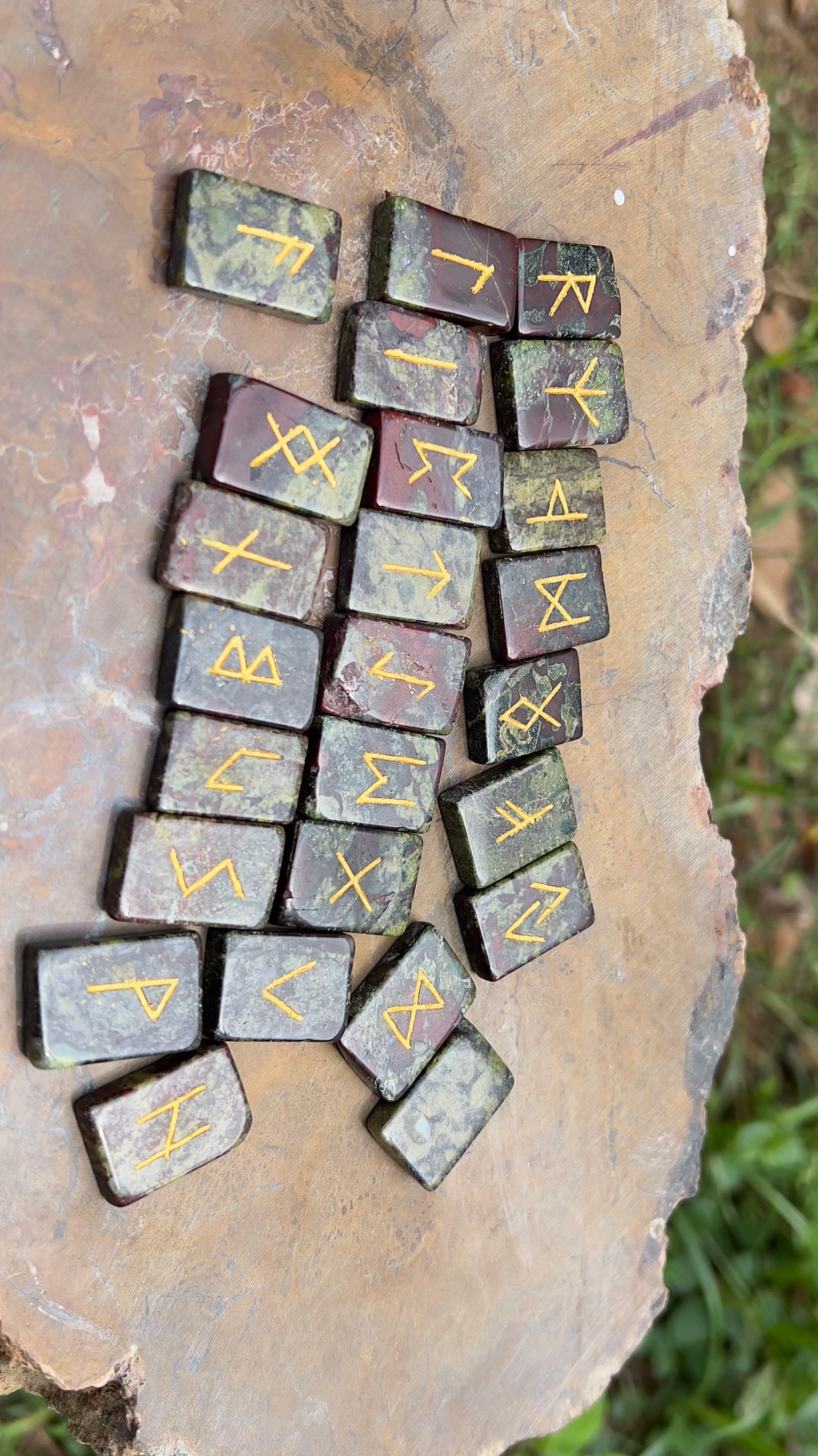 Natural Dark Green Bloodstone Crystal Rune Set Flat Engraved Elder ...