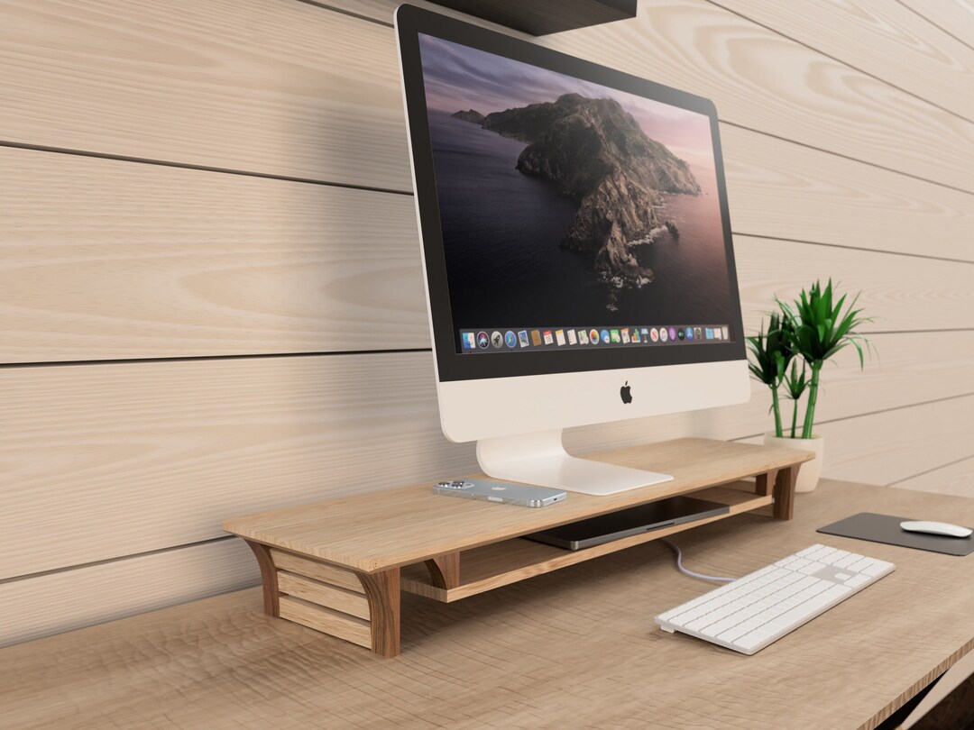 Wood Monitor Stand 35" With Shelf. Walnut Solid Hardwood. Oil and Wax ...