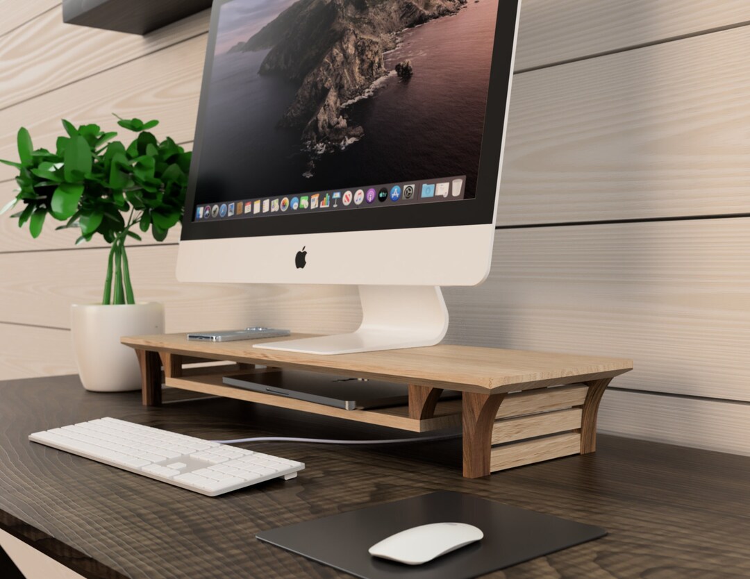 Walnut Wood Monitor Stand 30" With Shelf: Desk Organizer - Etsy