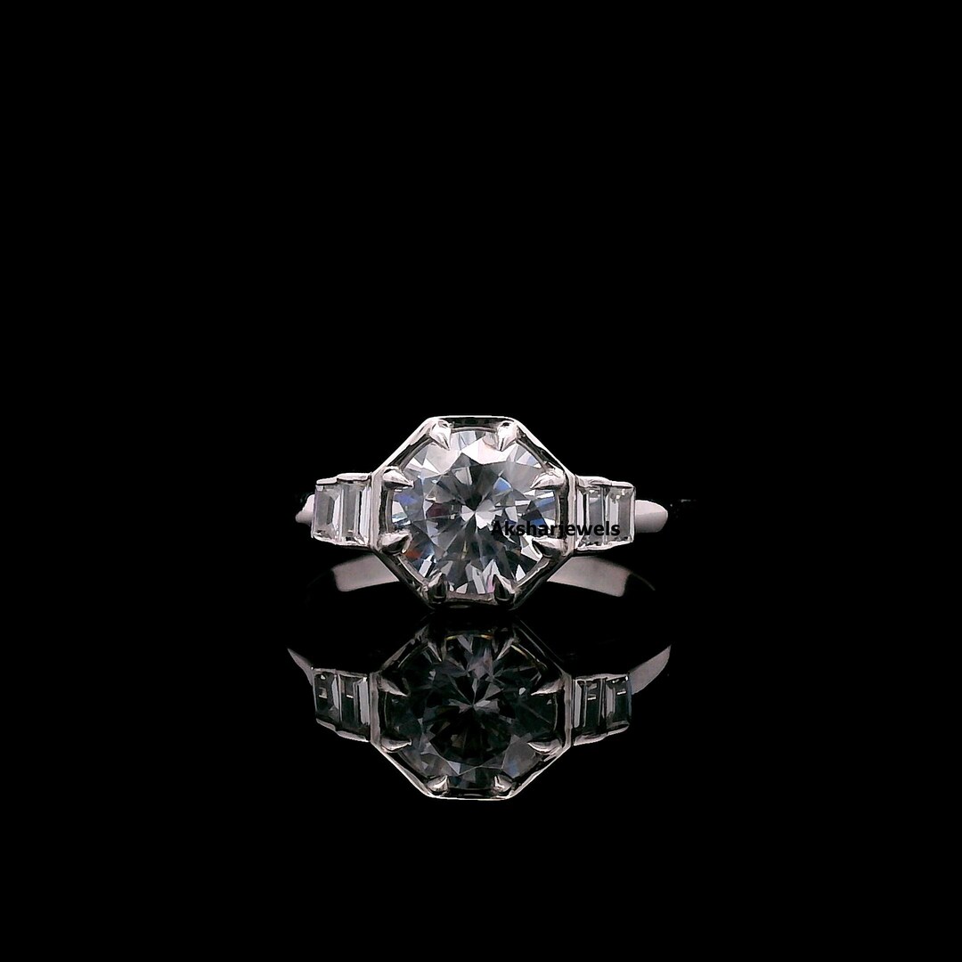 Five Stone Engagement Ring, Bezel Set Wedding Ring, Round & Baguette ...