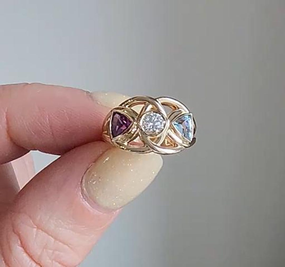 Three Stone Engagement Ring, Bezel Set Ring, Multi Color Gemstone Ring ...