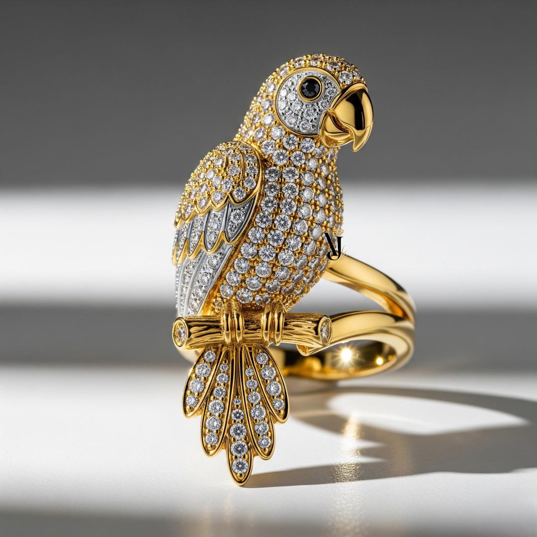 Cockatoo Parrot Bird Ring, Round Cut Moissanite Ring, Split Shank Bird ...