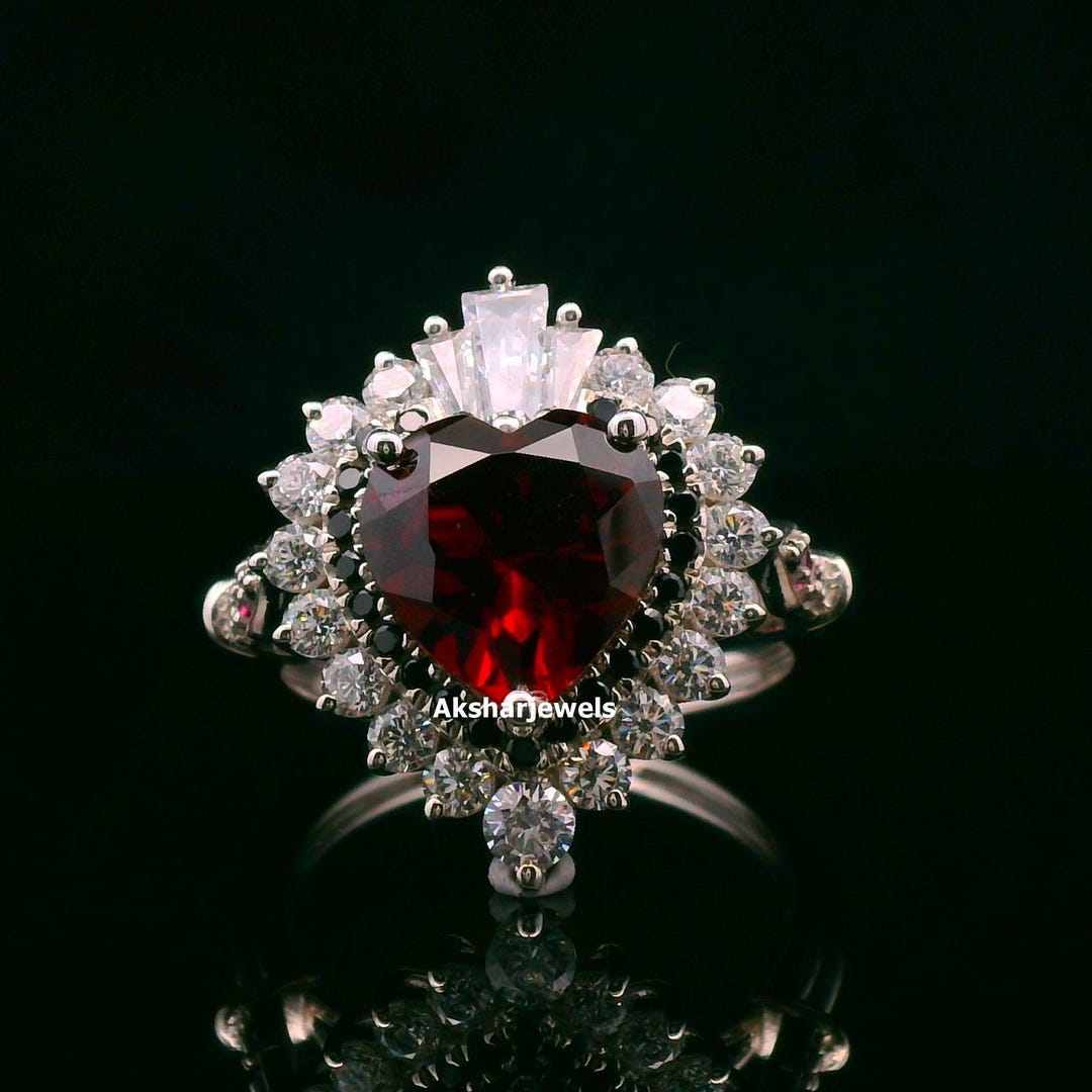 Art Deco Wedding Ring, Red Ruby & Black Onyx Gemstone Ring, Multi Shape ...