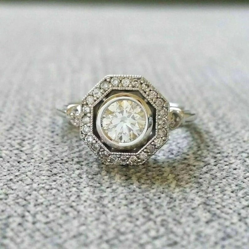 Vintage Style Round Cut Moissanite Ring, Milgrain Octagone Shape Art ...