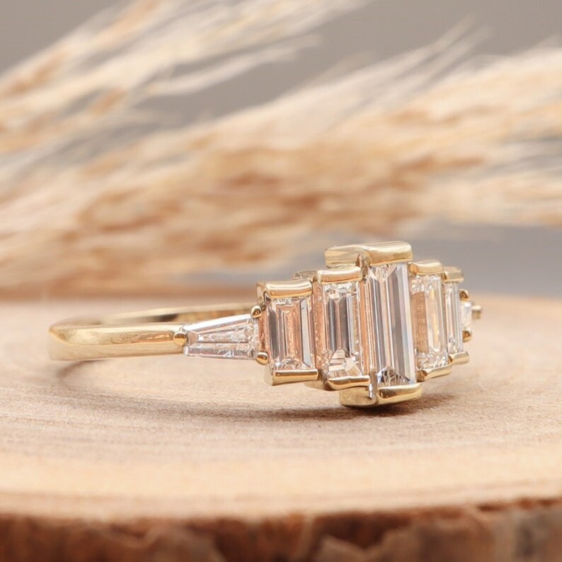 Vertical Step Stone Setting Ring, Baguette Cut Moissanite Engagement ...