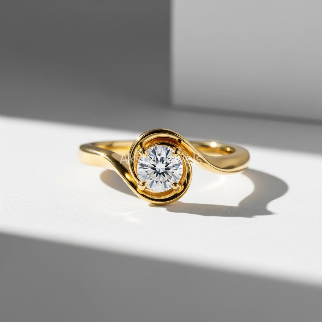 Solitaire Engagement Ring, Swirl Bypass Diamond Ring, Round Cut Wedding ...