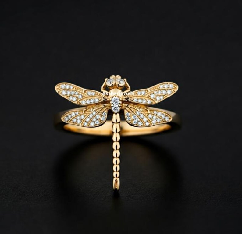 Dragonfly Wedding Ring, Insect Diamond Ring, Dainty Ring, Round Cut ...