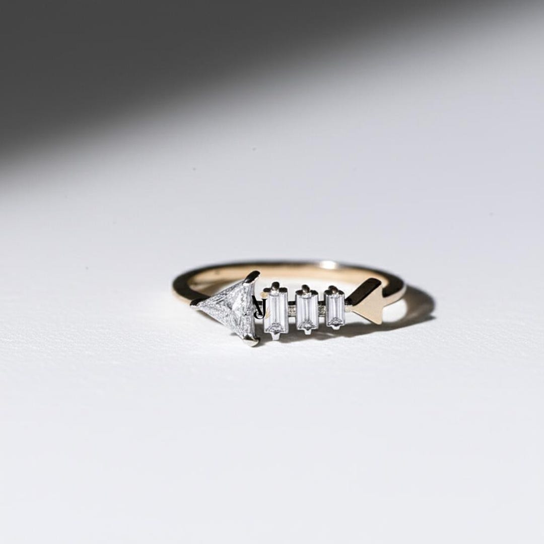 Fish Bone Ring, Minimalist Four Stone Wedding Ring, Triangle & Baguette ...