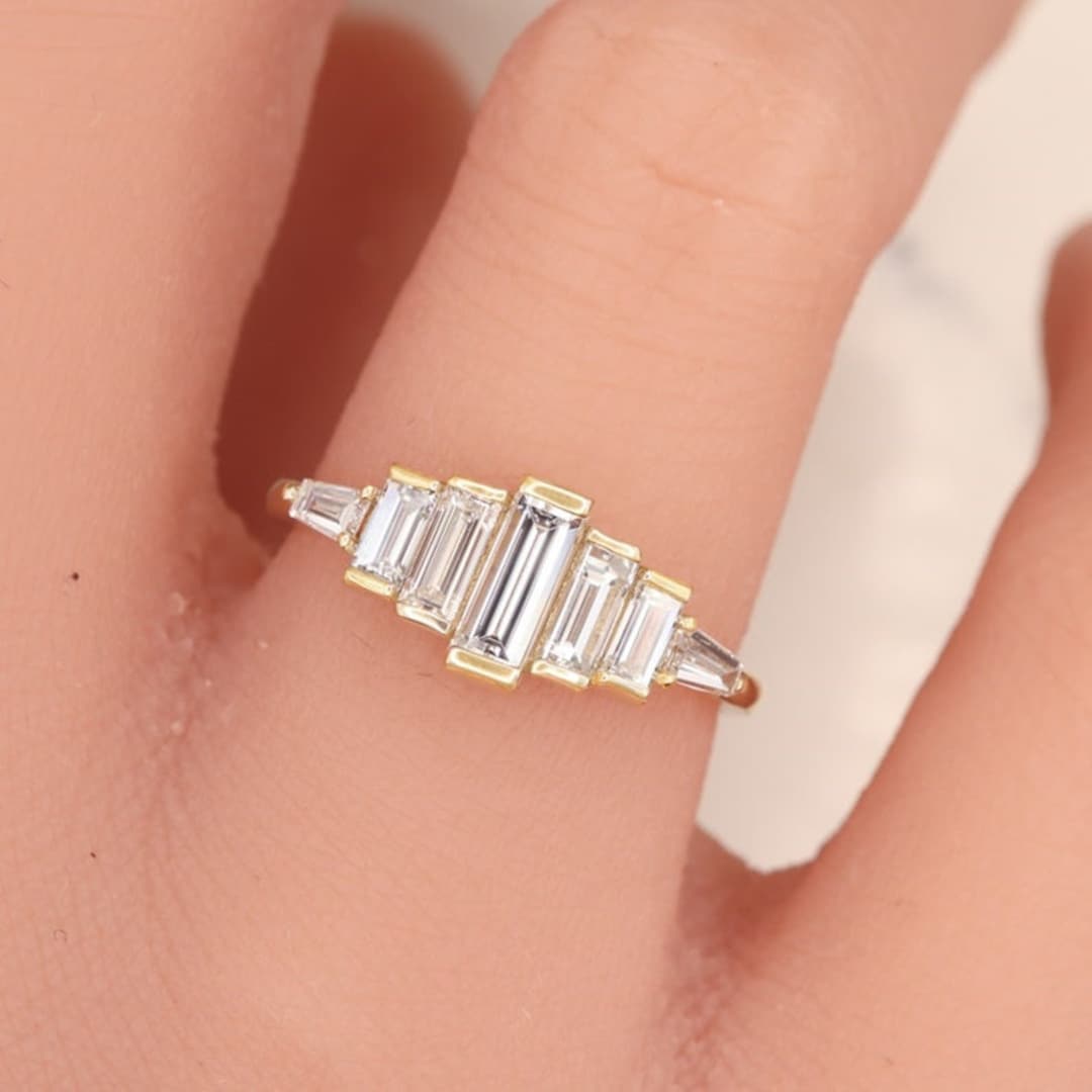 Vertical Step Stone Setting Ring, Baguette Cut Moissanite Engagement ...