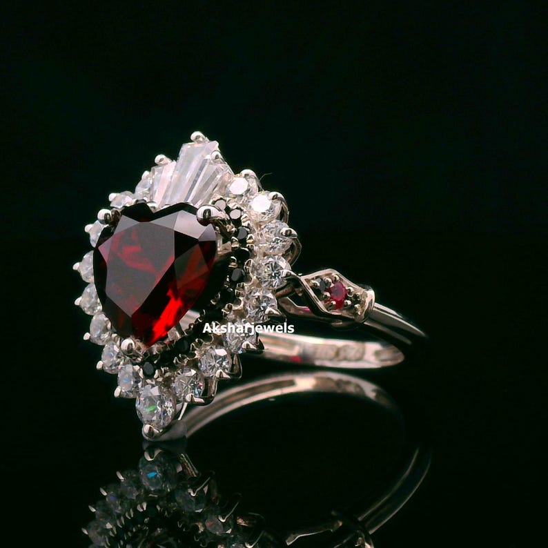 Art Deco Wedding Ring, Red Ruby & Black Onyx Gemstone Ring, Multi Shape ...