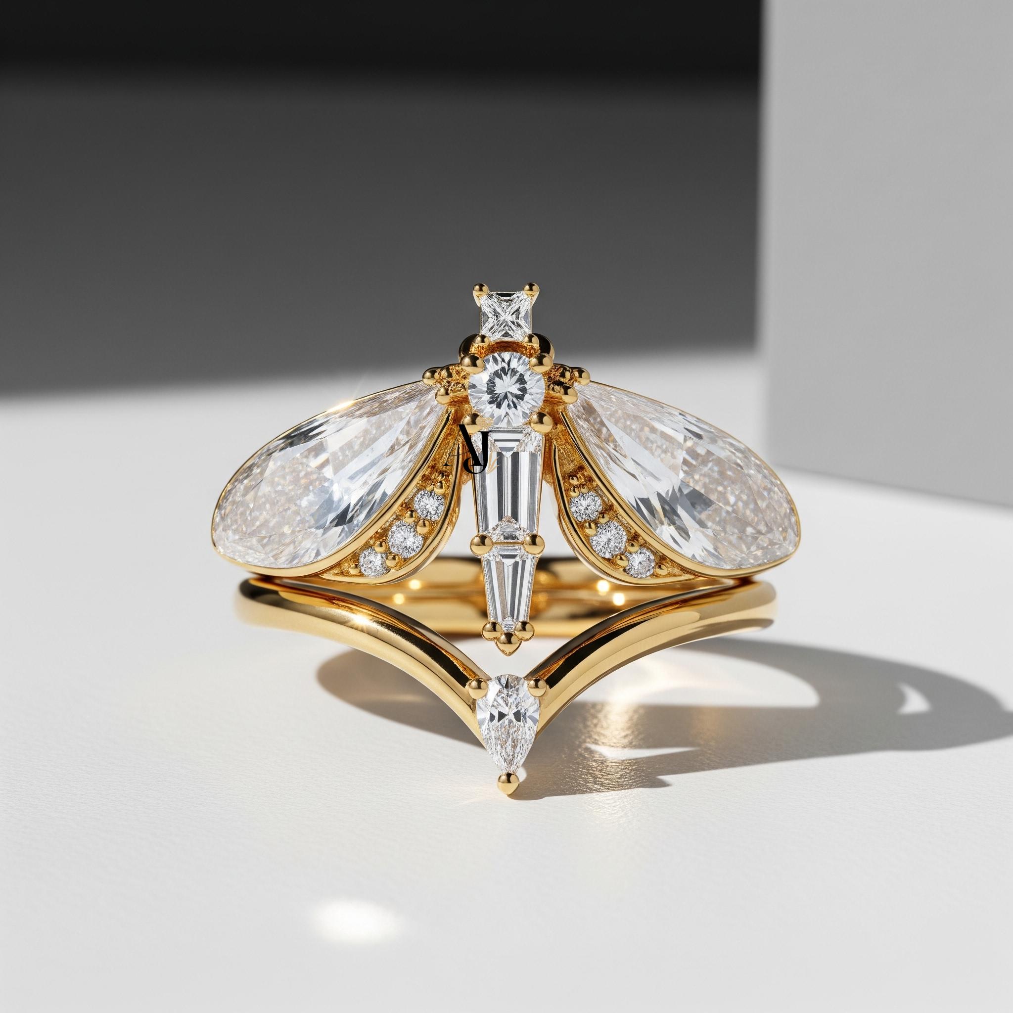 Honey Bee Bridal Ring Set, Multi-cut Wedding Ring, Chevron V Shape ...