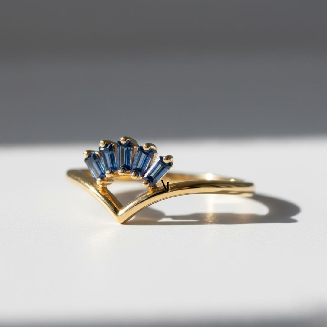 Chevron V Shape Wedding Ring, Blue Sapphire Gemstone Ring, Baguette ...